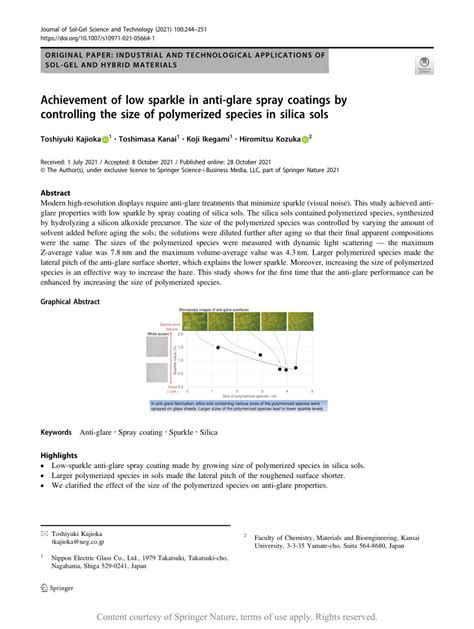 Achievement Of Low Sparkle In Anti Glare Spray Coatings By Controlling The Size Of Polymerized