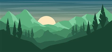 평평한 스타일의 만화 산악 풍경 포스터 카드 배너 전단지를 위한 디자인 요소 벡터 일러스트레이션 자연에 대한 스톡 벡터 아트 및