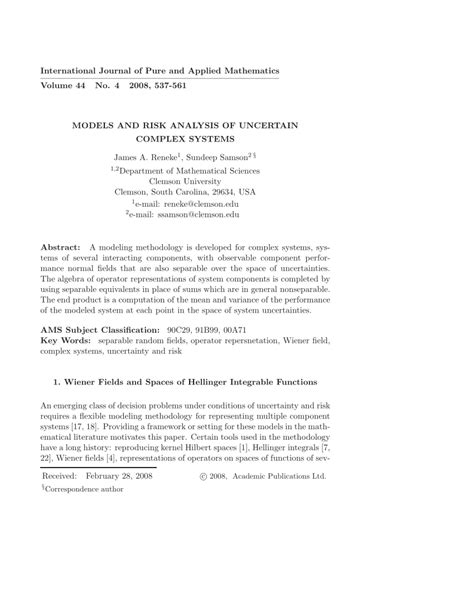 Pdf Models And Risk Analysis Of Uncertain Complex Systems