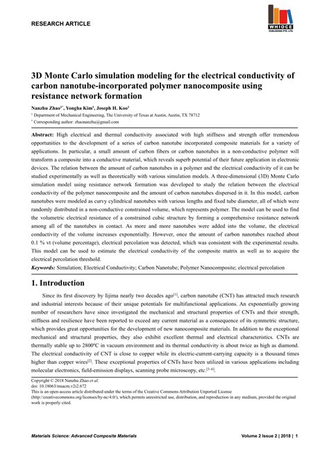 Pdf 3d Monte Carlo Simulation Modeling For The Electrical Conductivity Of Carbon Nanotube