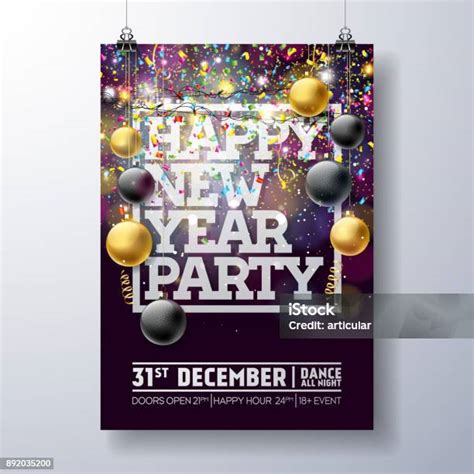 타이 포 그래피 디자인 유리 공 빛나는 화려한 배경에 떨어지는 색종이와 새 해 축 하 파티 포스터 템플릿 일러스트 휴일 프리미엄 초대 전단 이나 프로 모션 배너 벡터 12월