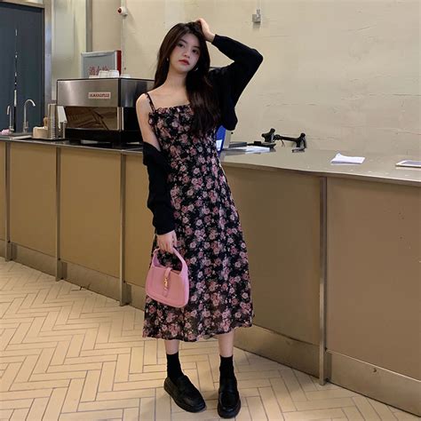 조이얼랏 원피스당일발송인기♥ 레트로 블랙 핑크 플라워 쉬폰 롱 원피스 드레스 A라인 뷔스티에 민소매 나시 블랙 기본 가디건 봄 여름 가을 간절기 103006