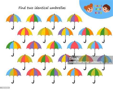 논리 퍼즐 게임 교육 어린이 활동 일치하는 우산을 찾을 수 있습니다 학습 측면과 상단보기 어린이를 위한 액티비티 가을에 대한