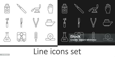 세트 라인 이비인후과 머리 반사판 Bedpan 의료 치과 의자 톱 이경기 도구 장기 용기 핀셋 및 수술 메스 아이콘 벡터 건강 진단에 대한 스톡 벡터 아트 및 기타 이미지