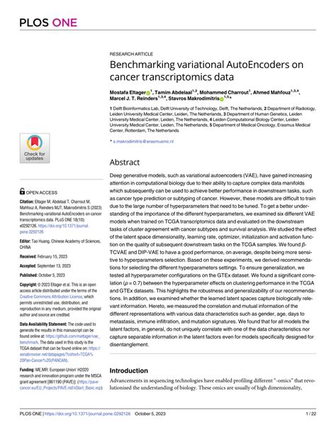 Pdf Benchmarking Variational Autoencoders On Cancer Transcriptomics Data