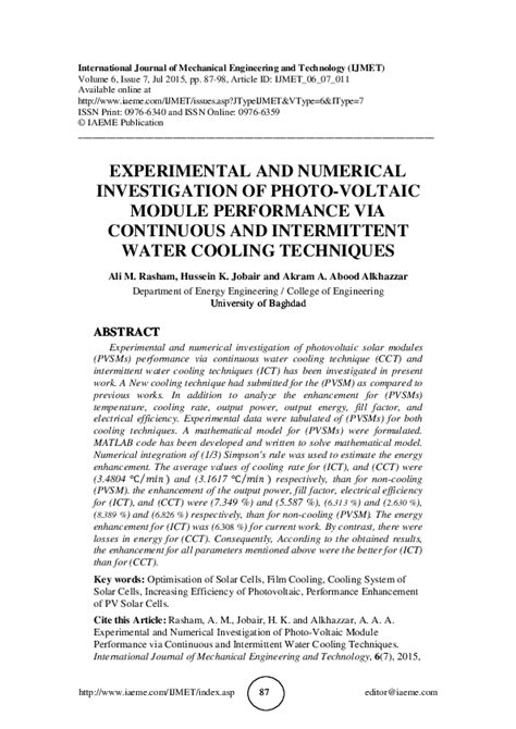 Pdf Experimental And Numerical Investigation Of Photo Voltaic Module Performance Via