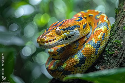 Reticulated Python With Its Tail Wrapped Around A Tree Anger Menacing