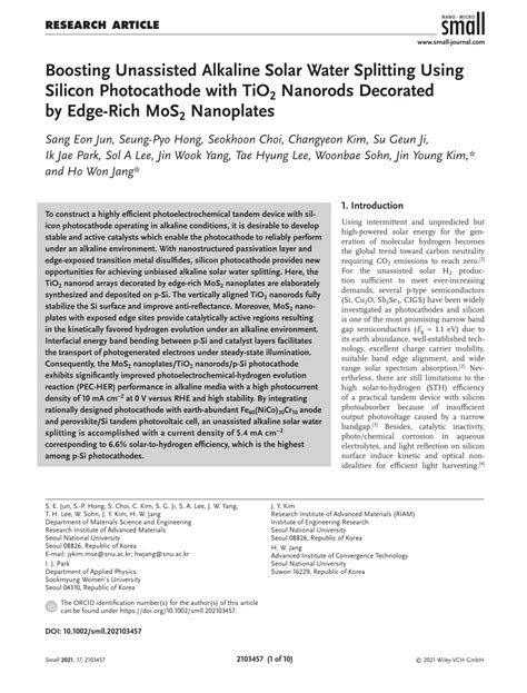 Boosting Unassisted Alkaline Solar Water Splitting Using Silicon Photocathode With Tio2 Nanorods