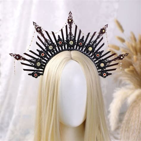 Spiked Halo Crown Witch Black Tiara With Chain Fairy Headpiece Dark