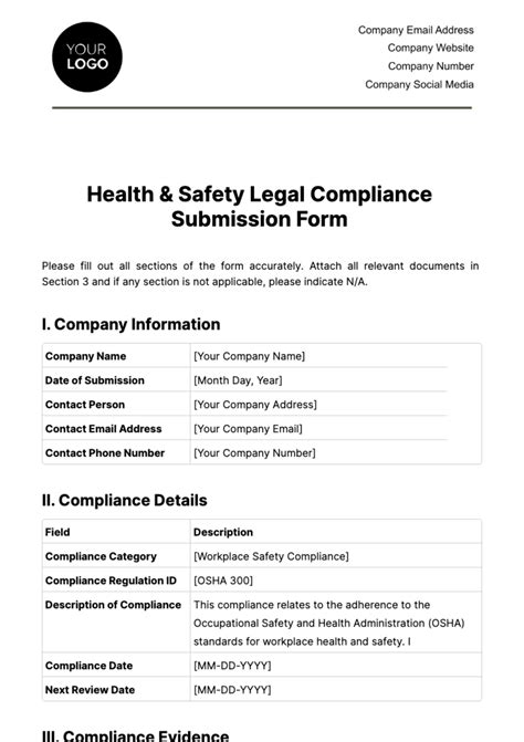 Free Health And Safety Legal Compliance Submission Form Template To Edit Online