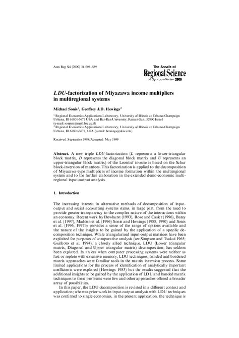 Pdf Ldu Factorization Of Miyazawa Income Multipliers In Multiregional Systems