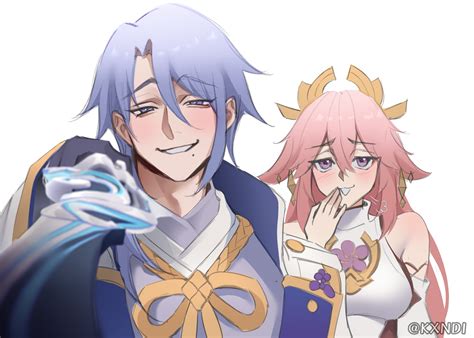 Yae Miko And Kamisato Ayato Genshin Impact Drawn By Kxndi Danbooru