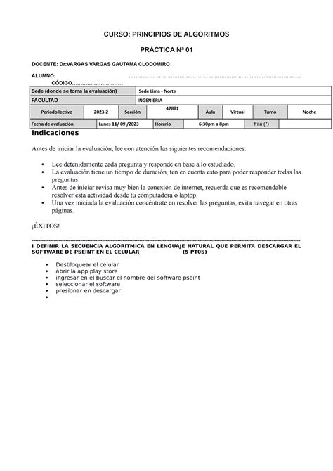 Practica Calificada algoritmos CURSO PRINCIPIOS DE ALGORITMOS PRÁCTICA Nª DOCENTE
