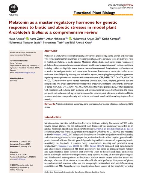 Pdf Melatonin As A Master Regulatory Hormone For Genetic Responses To Biotic And Abiotic