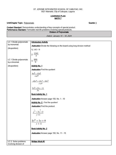 Learning Plan Division Of Polynomials Pdf Polynomial Mathematics