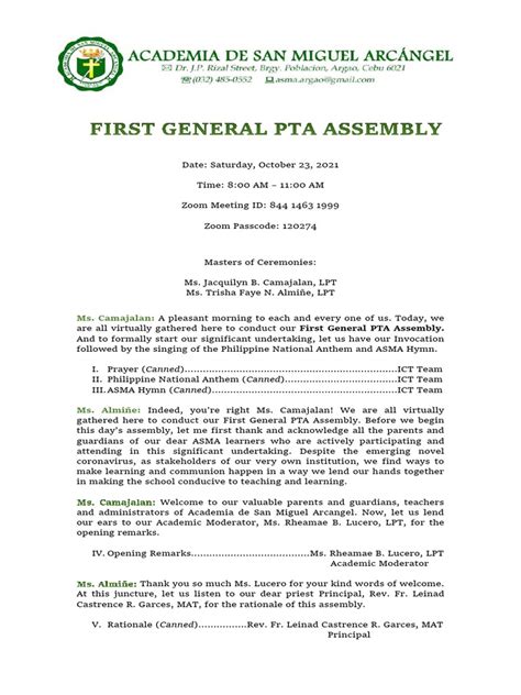 Asma First General Pta Assembly Script Pdf Religious Behaviour And Experience