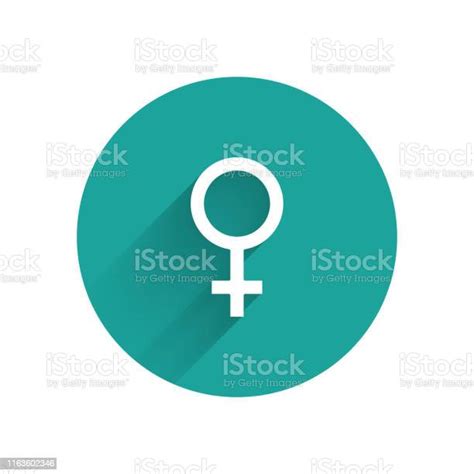긴 그림자로 격리 된 흰색 여성 성별 기호 아이콘입니다 금성 기호입니다 여성 유기체 또는 여성의 상징 녹색 원 버튼입니다 벡터 일러스트레이션 0명에 대한 스톡 벡터 아트 및