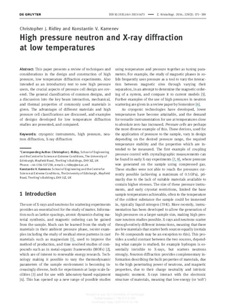 Pdf High Pressure Neutron And X Ray Diffraction At Low Temperatures