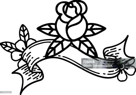단일 장미의 배너와 함께 전통적인 검은 라인 워크 문신 검은색에 대한 스톡 벡터 아트 및 기타 이미지 검은색 꽃 식물 낮 Istock