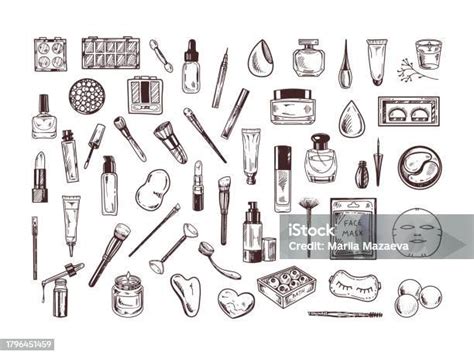 화장품 미용 자기 관리 스파 요소의 손으로 그린 낙서 스케치 세트 미용실 화장품 매장 메이크업 디자인을 위한 일러스트레이션 새겨진 이미지 0명에 대한 스톡 벡터 아트 및