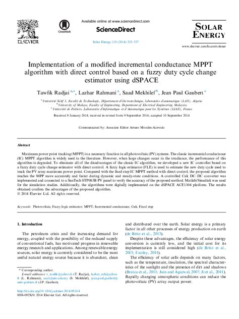 Pdf Implementation Of A Modified Incremental Conductance Mppt Algorithm With Direct Control