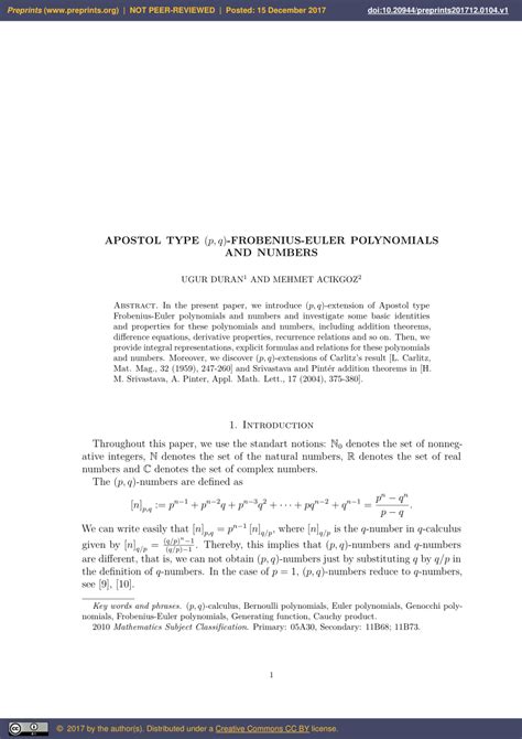 Pdf Apostol Type P Q Frobenius Euler Polynomials And Numbers