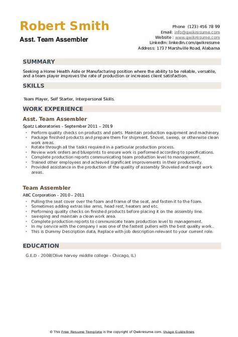 10 Team Assembler Resume Samples And Templates For 2025