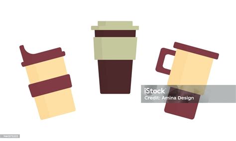 벡터 열 머그 세트입니다 커피 컵의 평면 그림입니다 물 음료를 위한 여행용 재사용 가능한 병 및 텀블러 텀블러에 대한 스톡 벡터 아트 및 기타 이미지 Istock