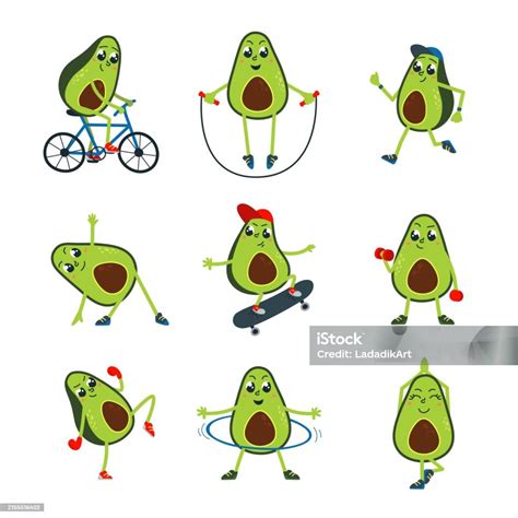 아보카도 훈련 귀여운 아보카도 스포츠 도구 운동 또는 운동 건강 식품 완전 채식주의 자 영양을위한 만화 Superfood 고급 벡터 세트 가공의 인물에 대한 스톡 벡터 아트