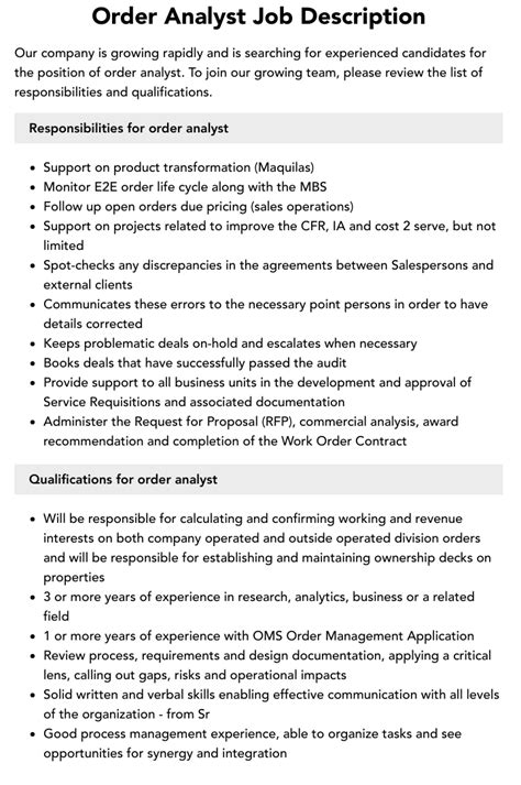Order Analyst Job Description Velvet Jobs