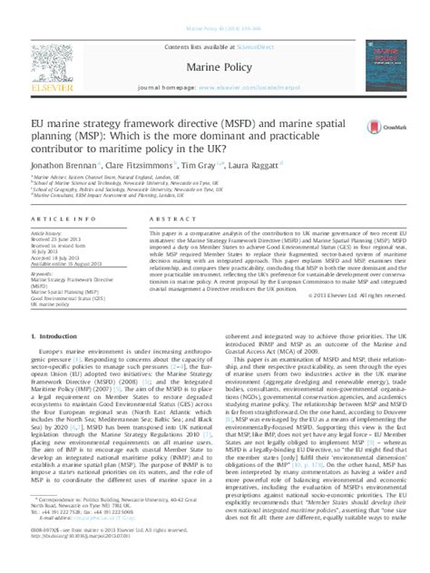 Pdf Eu Marine Strategy Framework Directive Msfd And Marine Spatial Planning Msp Which Is