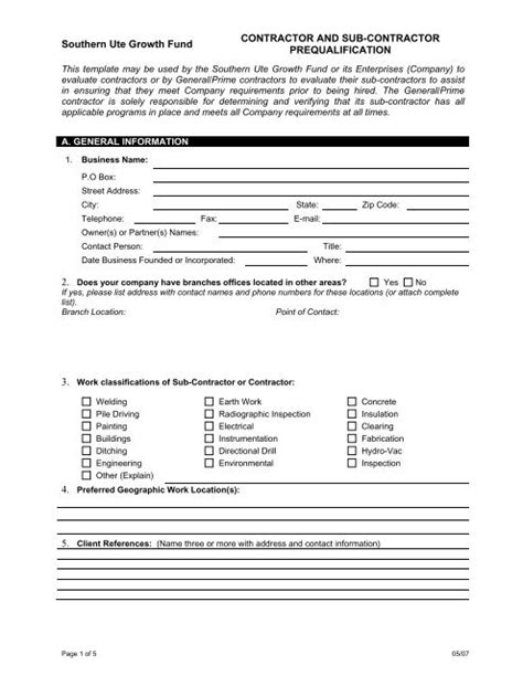 Contractor Subcontractor Prequalification Form Southern Ute
