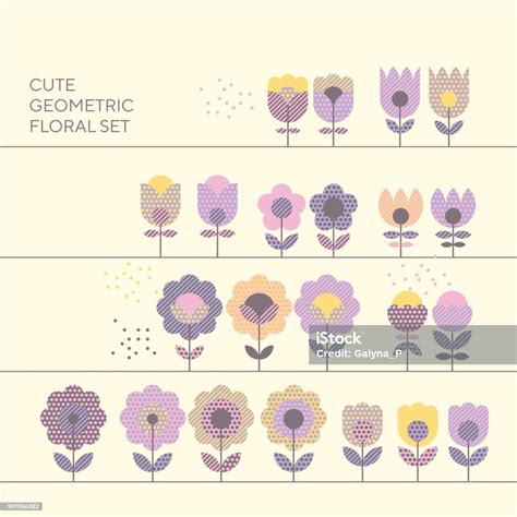 귀여운 장식 꽃 디자인 요소 카드 포스터 웹에 대 한 설정 하 고 인쇄 표면 디자인 부드러운 색상 기하학적 텍스처와 복고 스타일에서 꽃 추상적인 모티브 기하에 대한 스톡