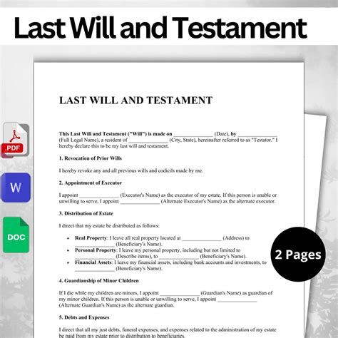 Editable Last Will And Testament Template Editable Pdf And Word A4 Us Letter Size Etsy Uk