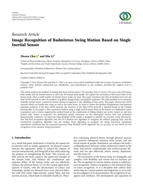 Pdf Image Recognition Of Badminton Swing Motion Based On Single Inertial Sensor