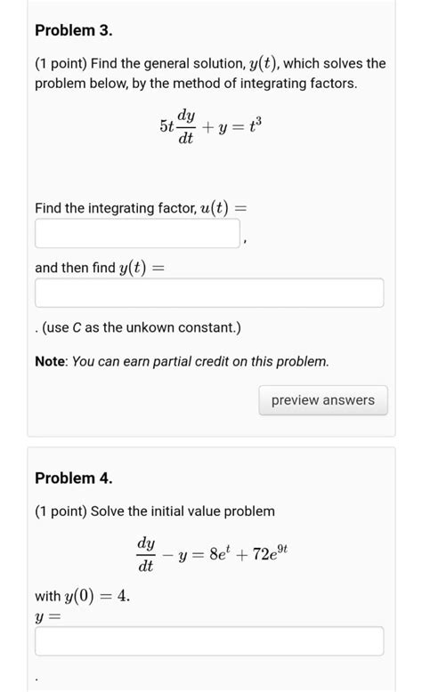 Solved Problem 3 1 Point Find The General Solution Y T Chegg Com