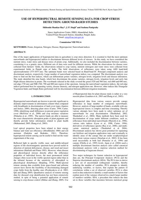 Pdf Use Of Hyperspectral Remote Sensing Data For Crop Stress