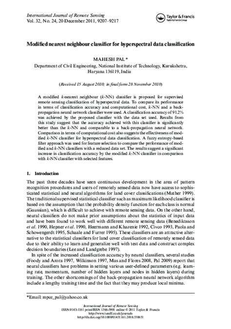 Pdf Modified Nearest Neighbour Classifier For Hyperspectral Data