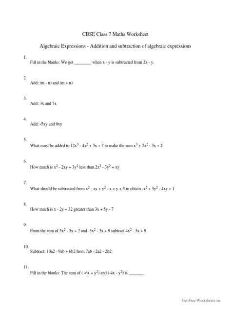 Addition And Subtraction Of Algebraic Expressions Cbse Class 7 Worksheet Pdf