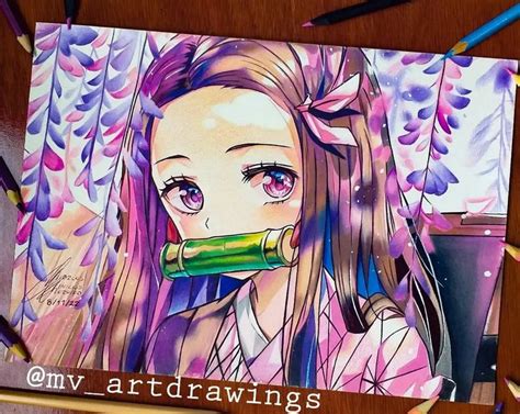 A Drawing Of A Girl With Pink Hair Holding A Green Object In Her Mouth And Looking At The Camera