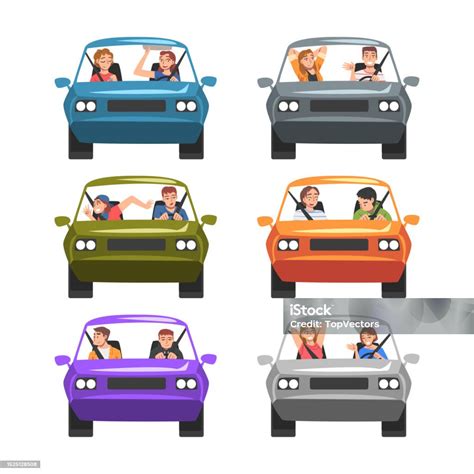 승객 벡터 세트와 함께 앞좌석에 앉아 차를 운전하는 사람들 앉음에 대한 스톡 벡터 아트 및 기타 이미지 앉음 자동차 내부
