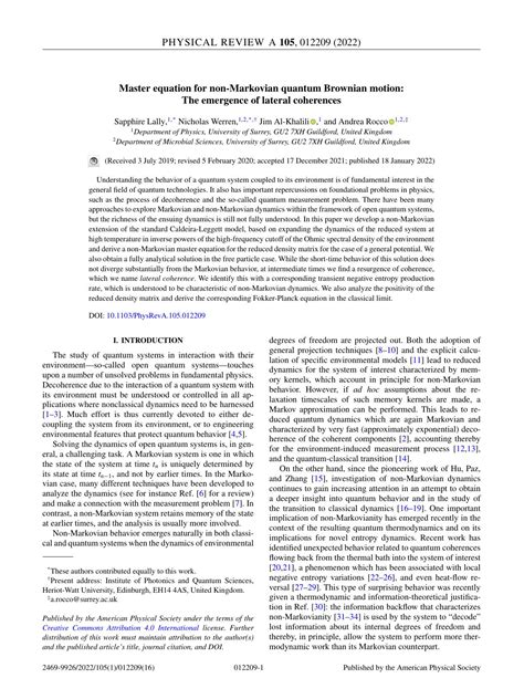 Master Equation For Non Markovian Quantum Brownian Motion The Emergence Of Lateral Coherences Pdf