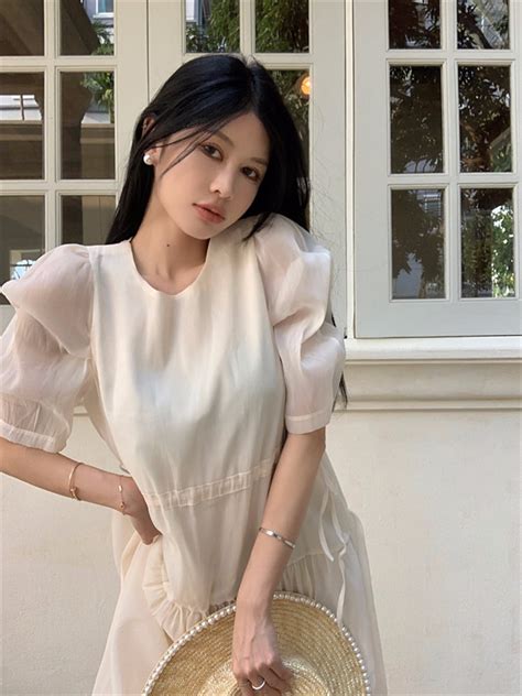 블롱뮤 오간자 쉬폰 롱 원피스 라운드 넥 벌룬 퍼프 소매 시스루 하프 슬리브 프렌치 하이 웨스트 A 라인 밴딩 플레어 롱 미디 스커트 치마 드레스 청순 여리 하늘하늘