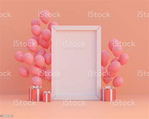 3d 렌더링 흰색 프레임 복사 공간이있는 파스텔 핑크 배경의 풍선 및 선물 상자 발렌타인 데이 생일 장면 모의 프리젠 테이션 3차원 형태에 대한 스톡 사진 및 기타 이미지