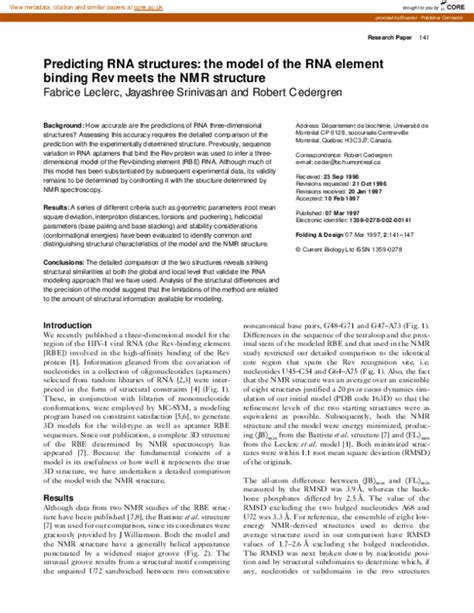 Pdf Predicting Rna Structures The Model Of The Rna Element Binding Rev Meets The Nmr Structure