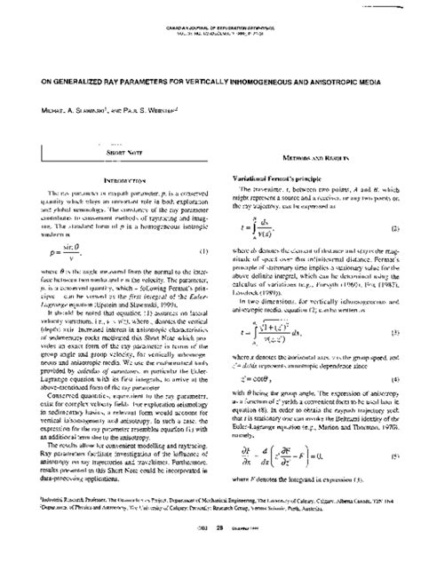 Pdf Generalised Ray Parameters For Vertically Inhomogeneous And Anisotropic Media