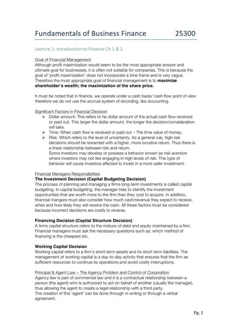 Fundamentals Of Business Finance All Notes Required For The Semester And Exams Assignment