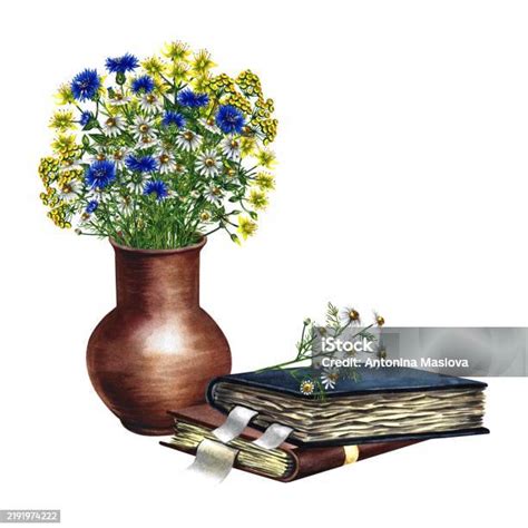 진흙 꽃병에 야생화와 낡은 책 수제 수채화 그림입니다 소박한 빈티지 정물화 엽서 패키지 및 라벨용 전단지 스티커 및 인쇄물용 0명에 대한 스톡 벡터 아트 및 기타 이미지