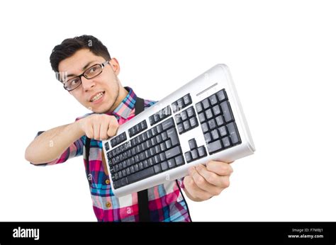 Computer Nerd With Keyboard Isolated On White Stock Photo Alamy