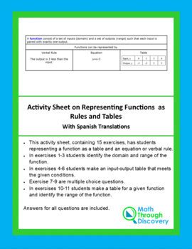 Alg Representing Functions As Rules And Tables Activity Sheet